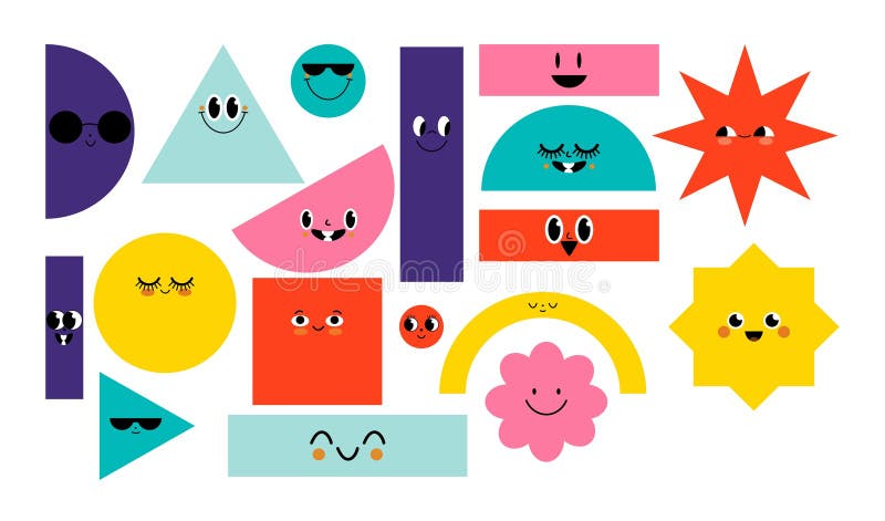 Set of Various Bright Basic Geometric Figures with Face Emotions. Stock ...