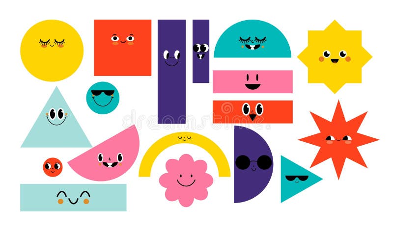 Set of Various Bright Basic Geometric Figures with Face Emotions. Stock ...