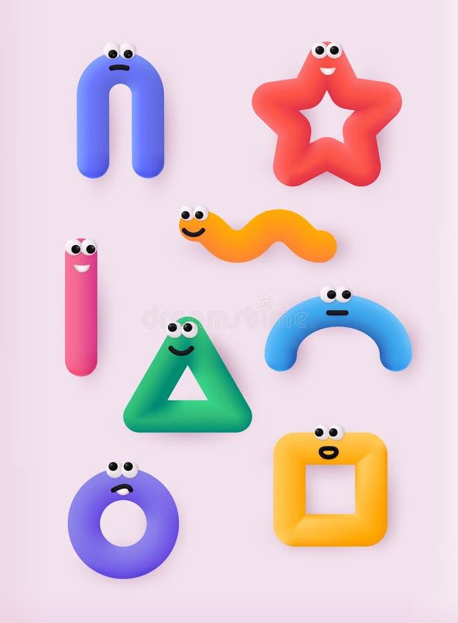 Set of Various Bright Geometric Figures with Face Emotions. Cute Funny ...