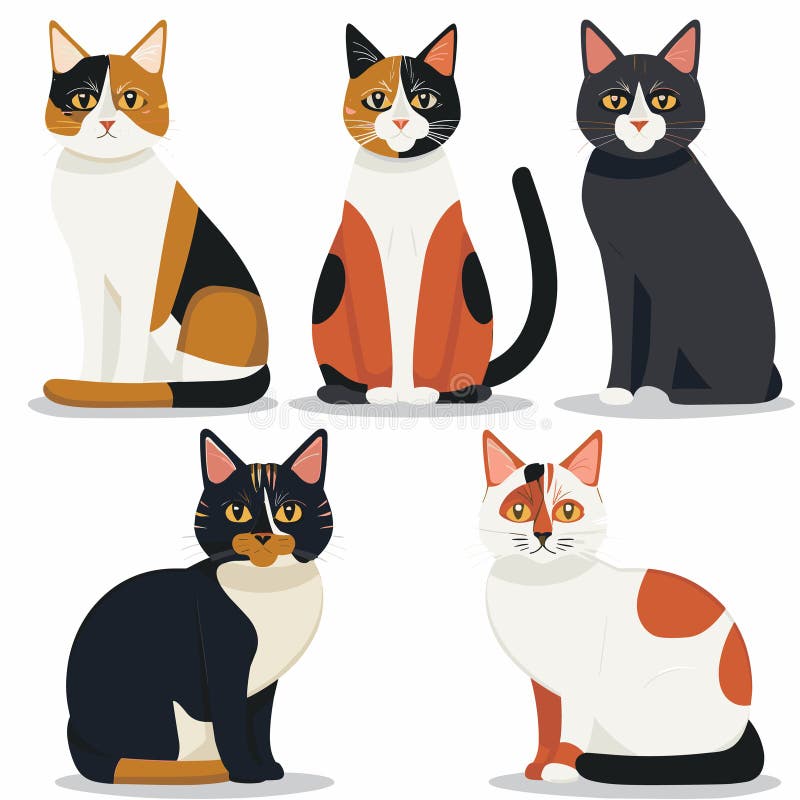 Set Various Calico Cats Sitting Standing Looking Forward, Different ...
