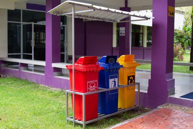 Colorful Garbage Bins for Separate Waste Sorting on Stone Tiles ...