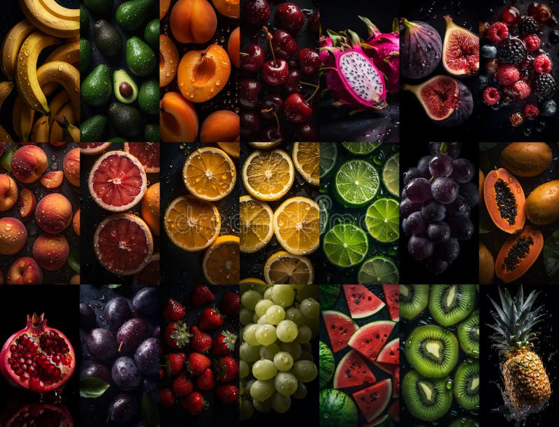Set of Various Delicious Fresh Fruit on Vertical Backgrounds Stock ...