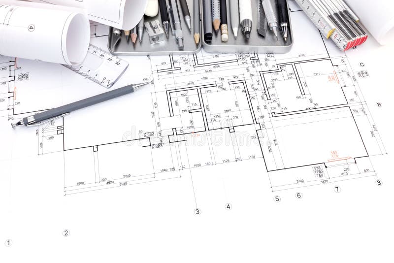 Set of Various Drawing Tools on Paper with Graphical Plan and Bl Stock ...