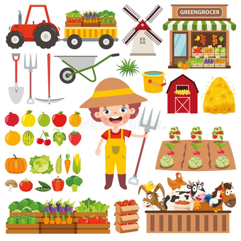 Set of Various Farm Elements Stock Vector - Illustration of barn ...
