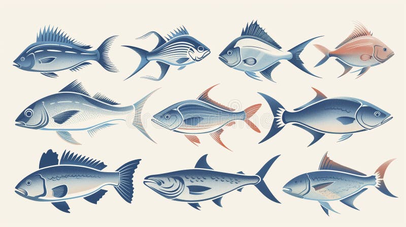 Set of Various Fish Seen in Profile Stock Illustration - Illustration ...