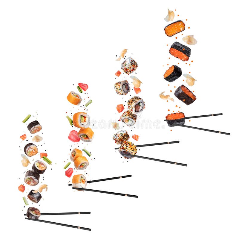 Fresh Sushi Rolls with Ginger Falling on a Wooden Plate Stock Image ...