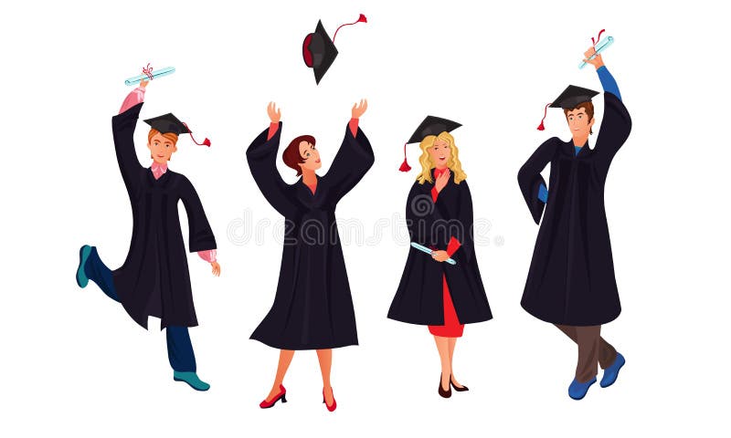 Set of Various Graduate Students in Different Poses. Vector ...