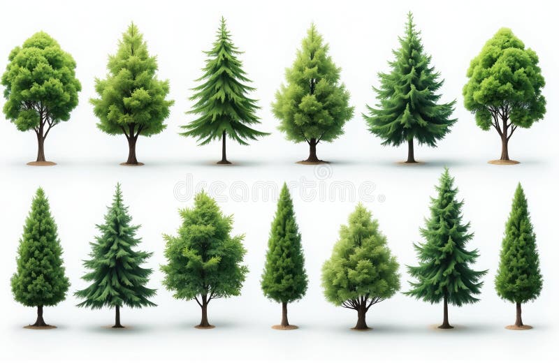 Set of Various Green Trees Isolated on White Background. Different Tree ...
