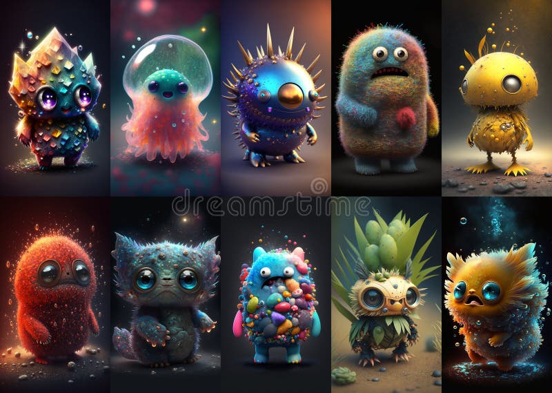 Set of Various Little Funny Creatures Made from Different Materials ...