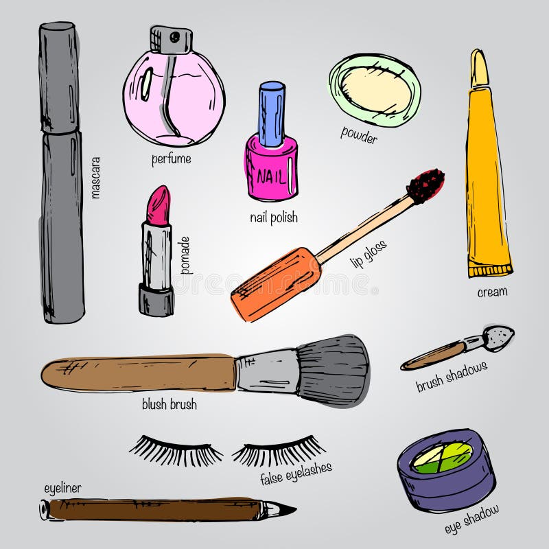 Set of Various Make Up Products in Sketch Style. Vector Illustra Stock ...
