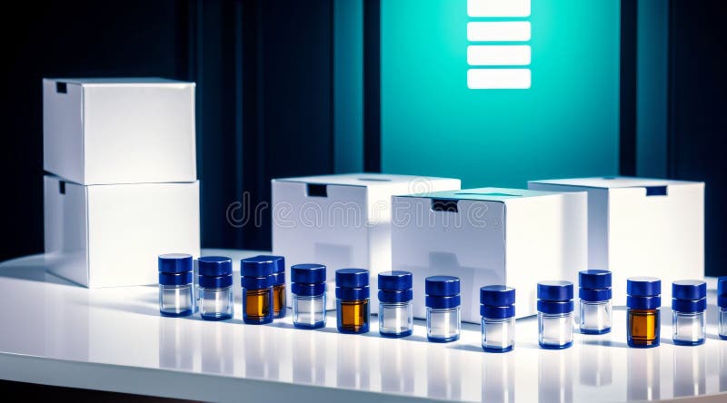 Set of Various Medical Jars and Bottles in Front of White Boxes in a ...