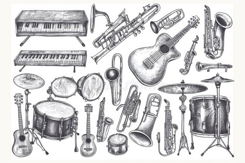 A Set of Various Musical Instruments Arranged on a Surface Stock Image ...