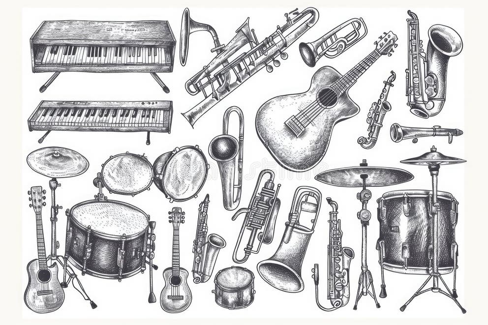 A Set of Various Musical Instruments Arranged on a Surface Stock Image ...