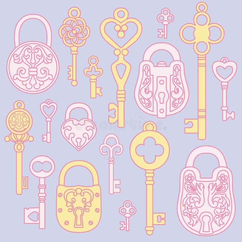 Set of Various Ornate Keys and Locks Stock Vector - Illustration of ...