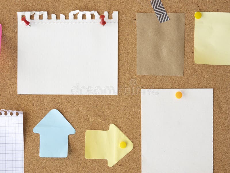 Set of Various Paper Notes Pinned on Cork Board. Copy Space Mockup ...
