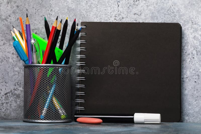 Set of Various Pencils, Pens and a Sketch Pad with Copy Space Stock ...