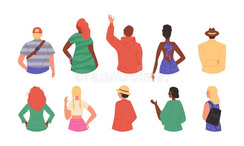 Set of Various People in Different Poses Back View Flat Style Stock ...