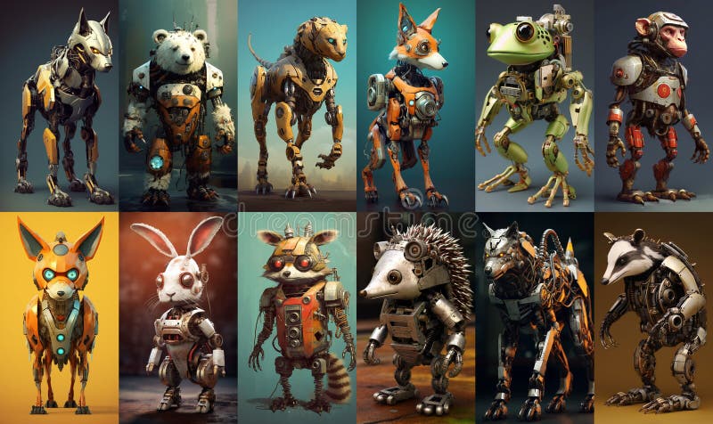 Set of Various Scary Animal Robots Stock Illustration - Illustration of ...