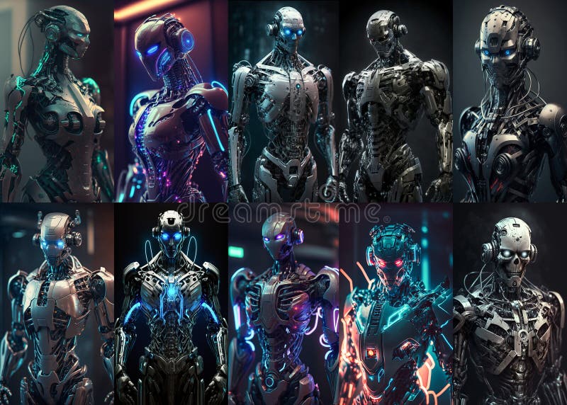 Set of Various Scary Robots with Shining Lights Eyes Stock Illustration ...