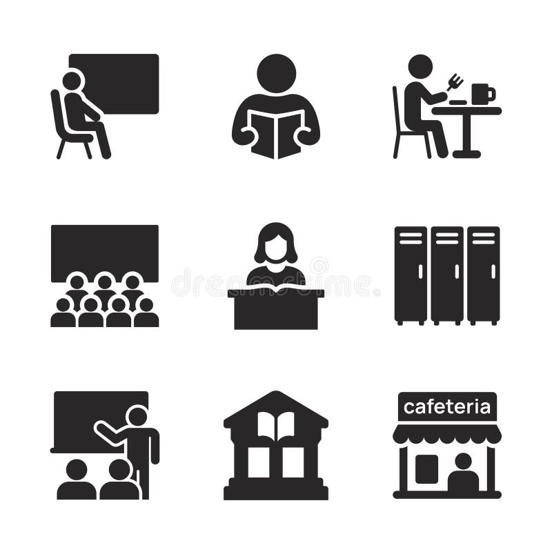 Set of Various School Areas Including Classroom, Cafeteria, Library ...