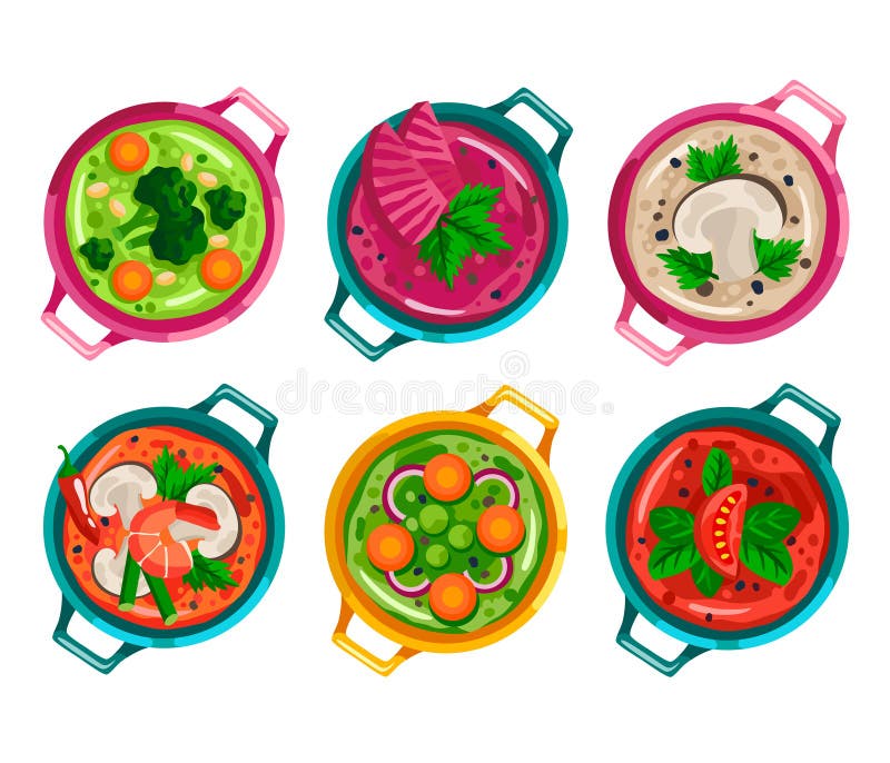 Set of Various Soups Flat Vector Illustration Stock Illustration ...