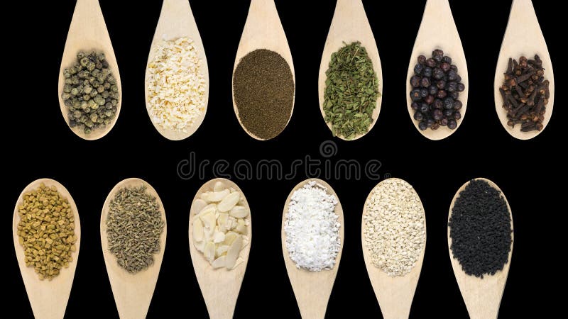 Set of Various Spices and Food Ingredients Isolated on Black Background ...