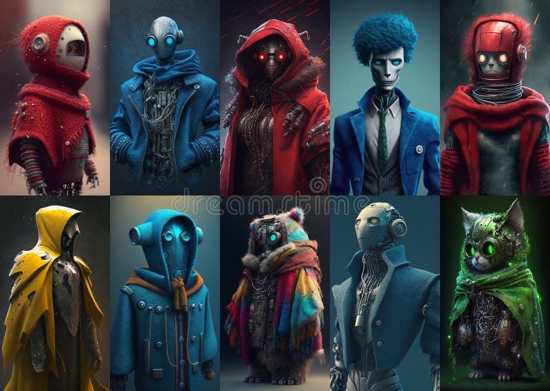 Set of Various Strange Robots with Modern Suits Stock Illustration ...