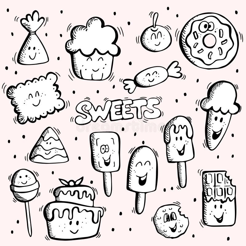 Set of Various Sweets Doodles Illustrations. Vector Hand Drawn Simple ...