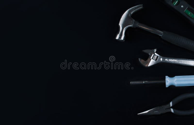 Set of Various Tools on Black Background. Stock Photo - Image of ...
