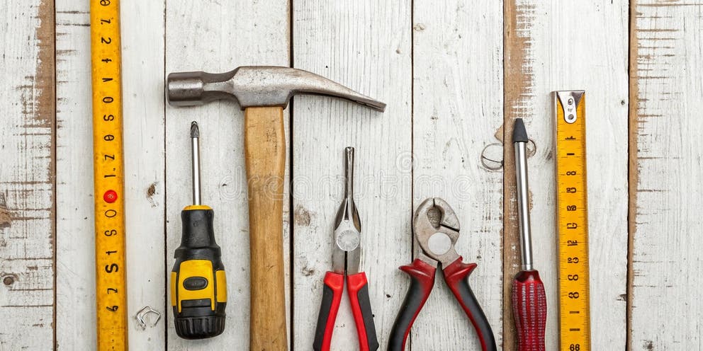 Set of Various Tools on Wooden Background. Construction Concept with ...