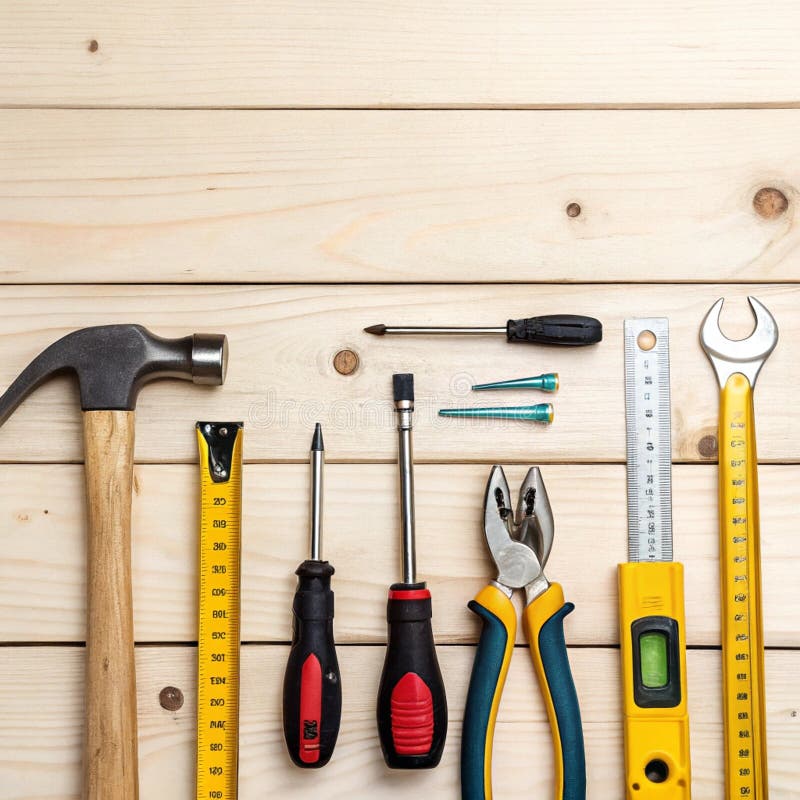 Set of Various Tools on Wooden Background. Construction Concept with ...