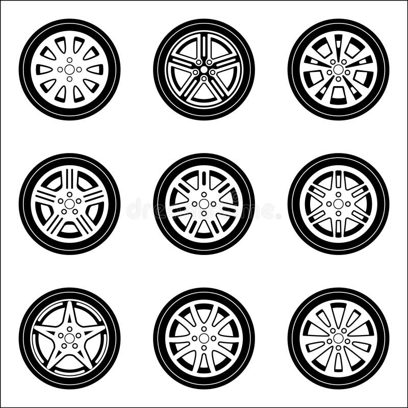 Set of Various Types of Car Wheel Icons Stock Vector - Illustration of ...