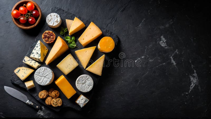 Set of Various Types of Cheese are Arranged on Black Slate Kitchen ...