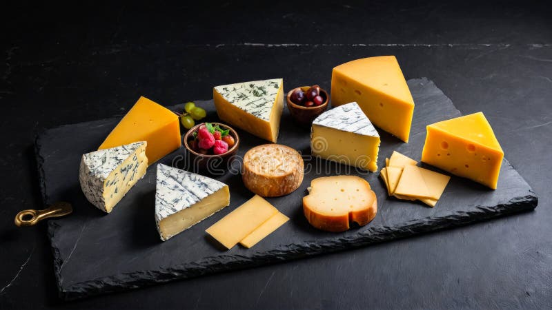 Set of Various Types of Cheese are Arranged on Black Slate Kitchen ...