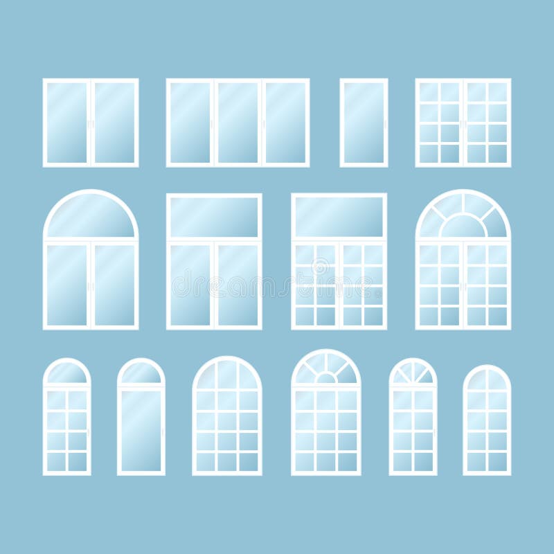 Set of Various White Plastic Windows on Blue Background. Flat Windows ...