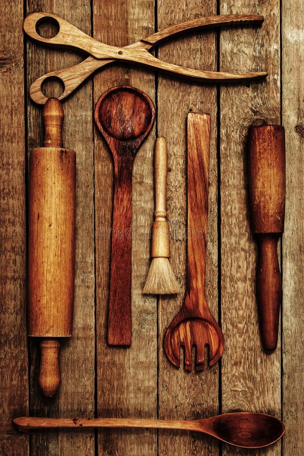 Set of Various Wooden Kitchen Utensils on the Table Stock Photo - Image ...