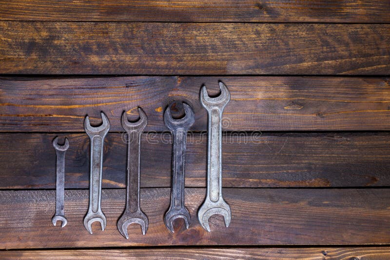 Set Various Wrenches on Wooden Background Stock Photo - Image of ...