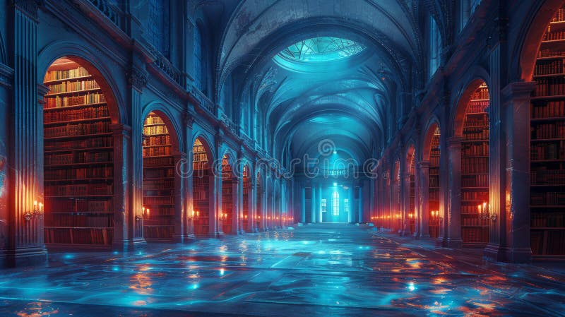 A Massive Library in the Sky, with Books Floating between Shelves Stock ...