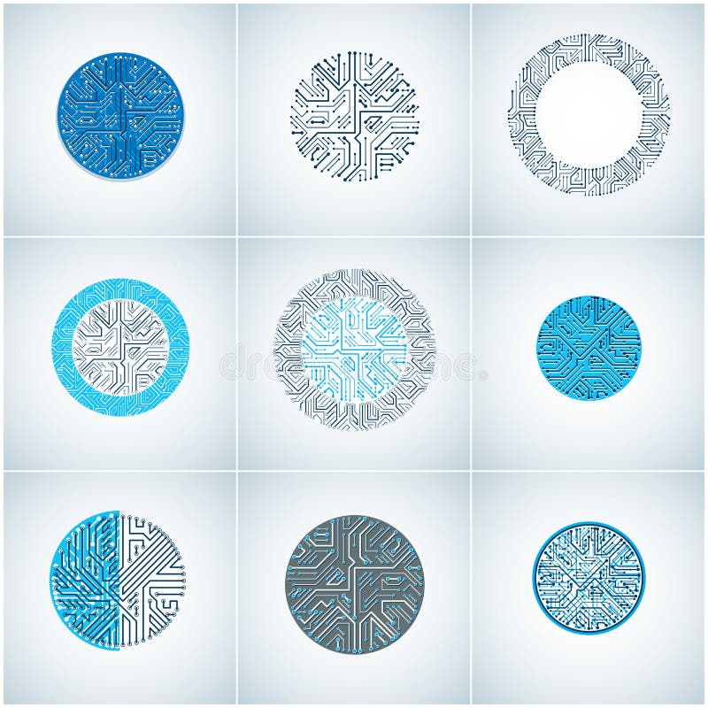 Set of Vector Abstract Technology Elements with Round Blue Circuit ...