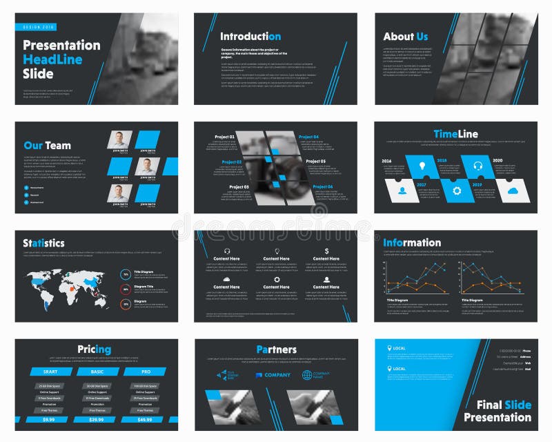 Set of Vector Black Slides with Blue Design Elements for Business ...