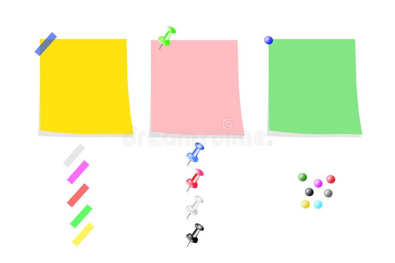 Set 3 Vector Blank Paper Note, Tape and Push Pin, Isolated on White ...