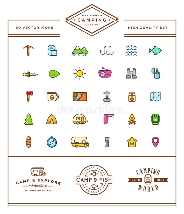 Set of Vector Camping Camp Elements and Outdoor Activity Icons Stock ...