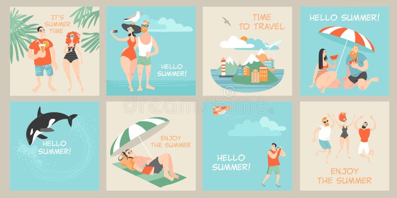 Set of Vector Cards with Illustrations of Cute Cartoon Characters ...