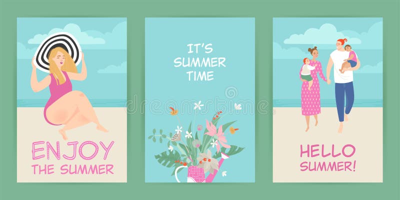 Set of Vector Cards with Summer Illustrations of Cute Character and ...