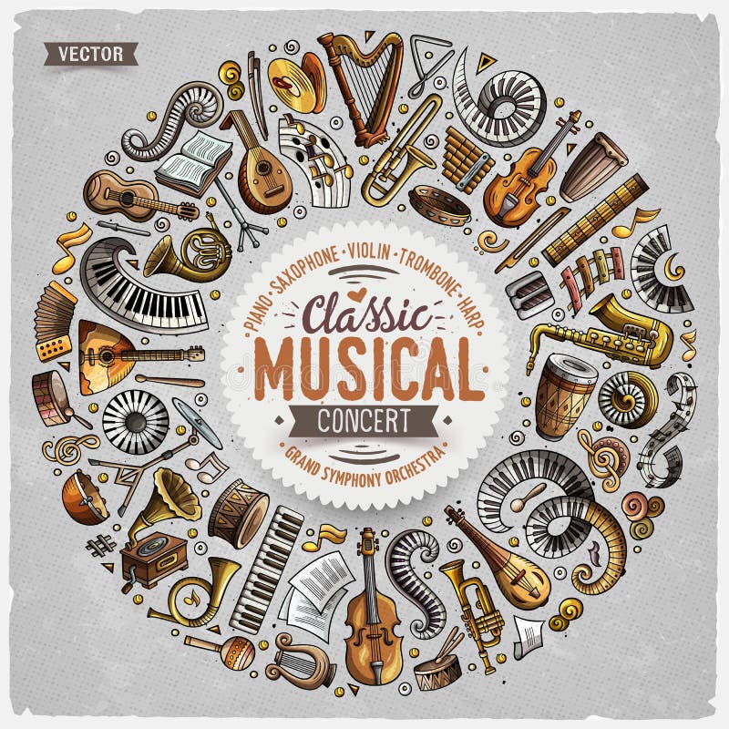 Set of Vector Cartoon Doodle Classic Musical Instruments and Objects ...