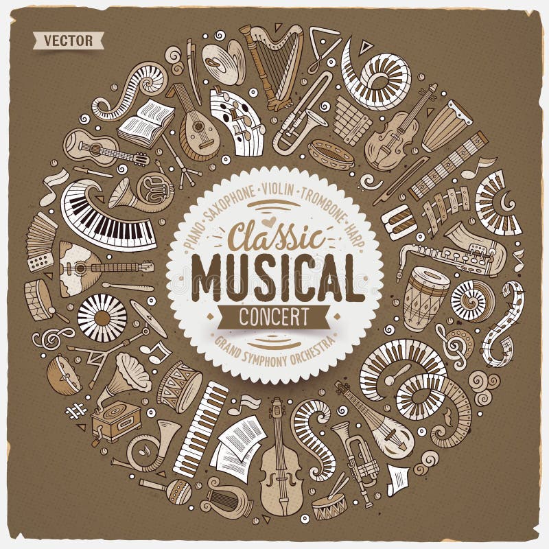 Set of Vector Cartoon Doodle Classic Musical Instruments and Objects ...