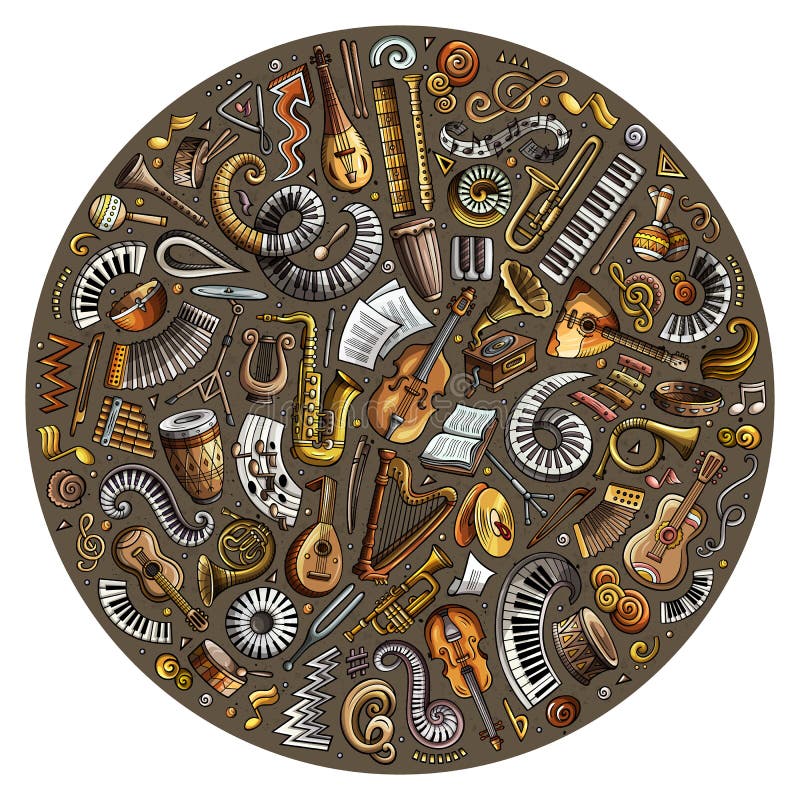 Set of Vector Cartoon Doodle Classic Musical Instruments and Objects ...