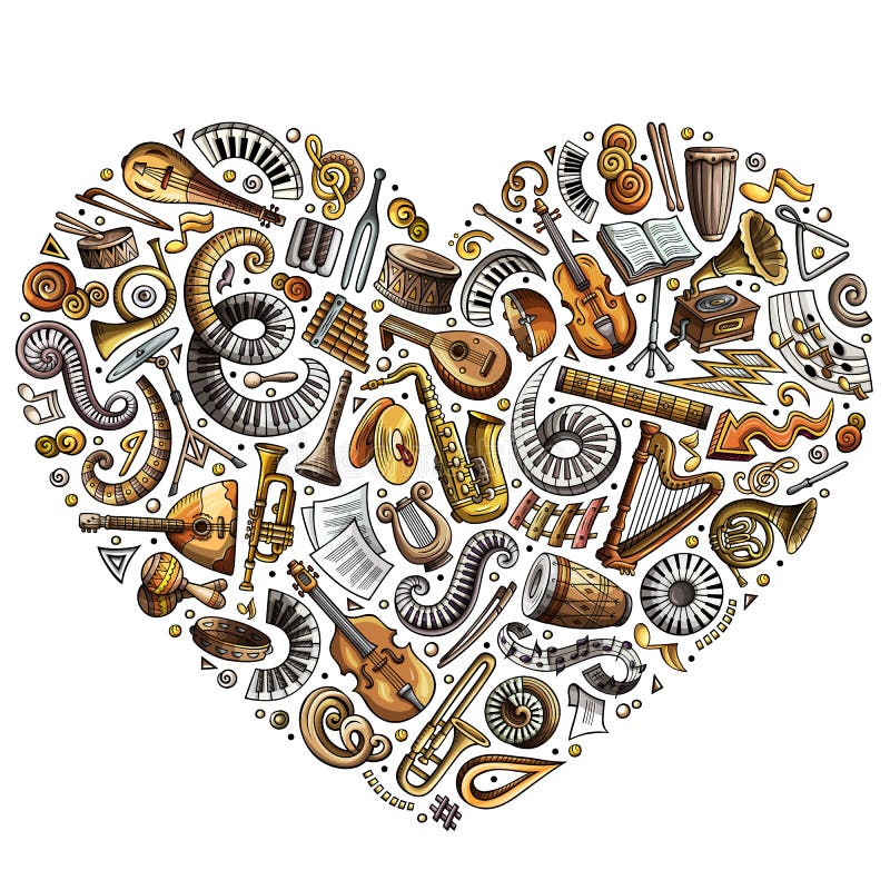 Set of Vector Cartoon Doodle Classic Musical Instruments and Objects ...