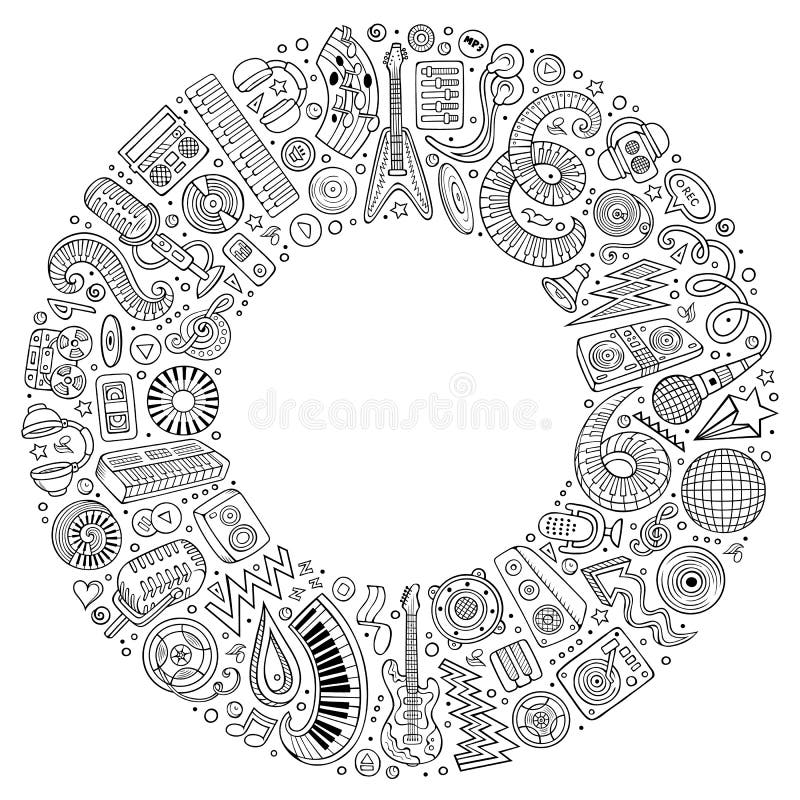 Set of Vector Cartoon Doodle Musical Objects Collected in a Round ...