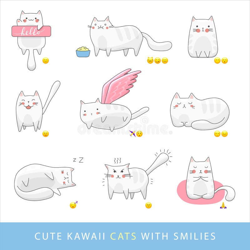 Set Of Vector Cartoon Stickers With Cats With Different Emotions Stock